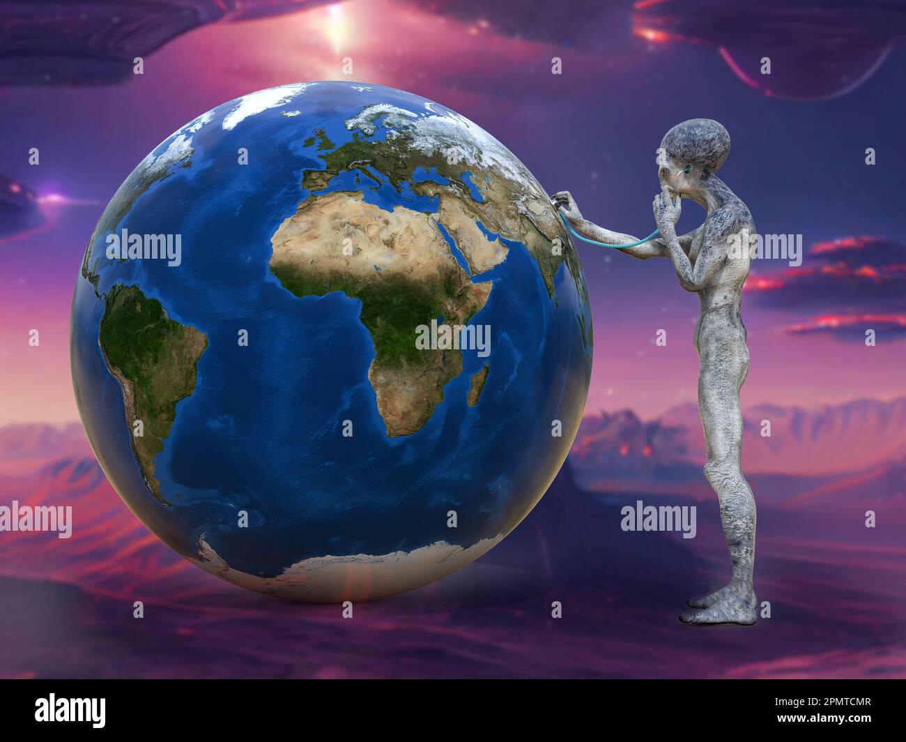 Alien with stethoscope listening to the Earth, illustration Stock Photo ...
