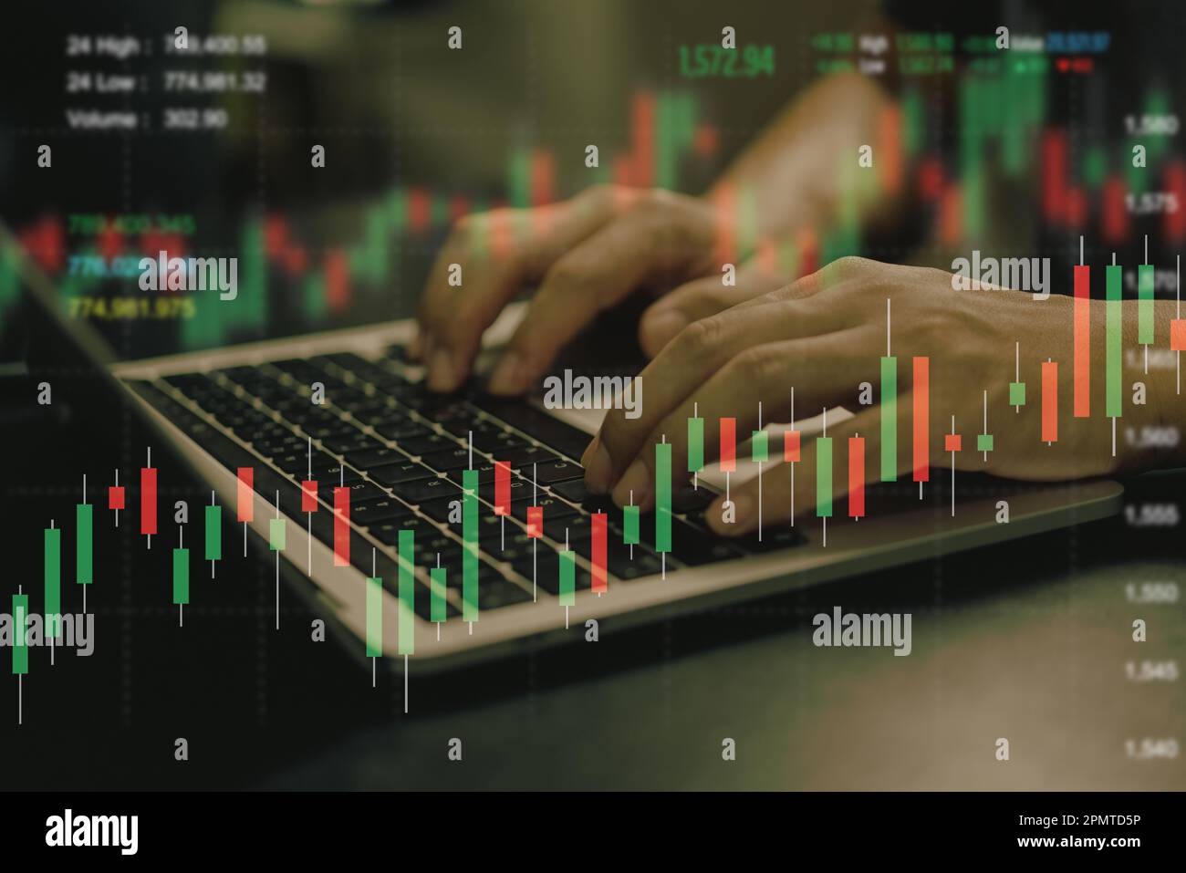 Businessman using laptop computer analysis graph stock market index diagrams, investment data ...