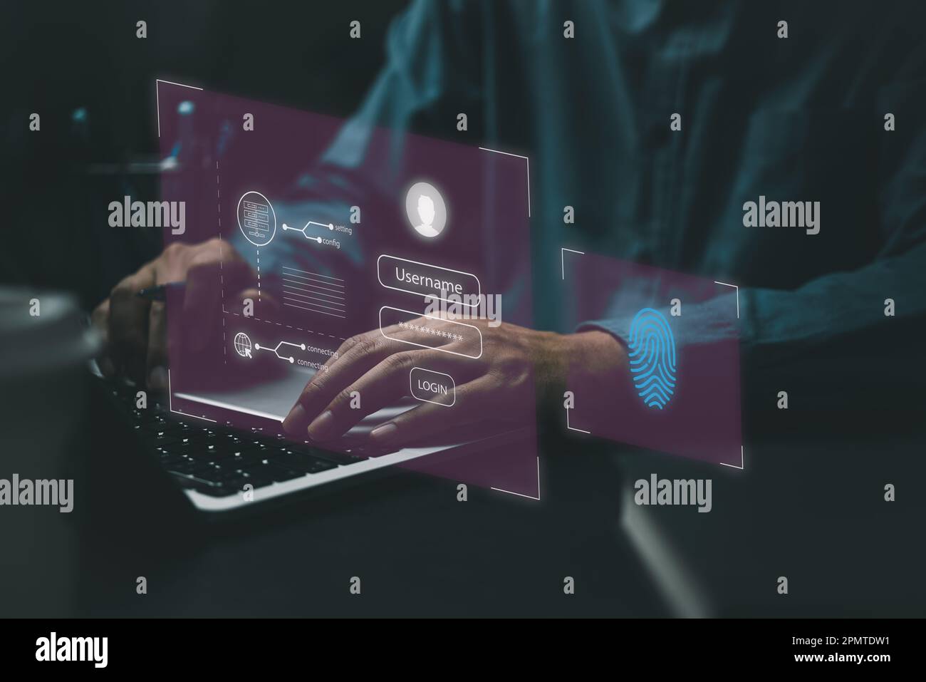 Businessperson using laptop computer cyber identification fingerprint ...