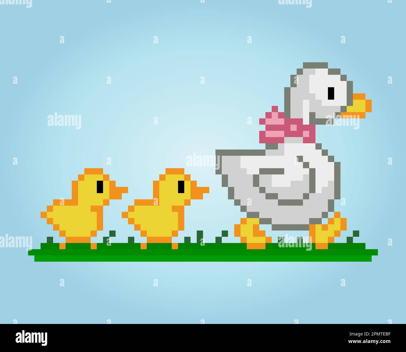 8 bit pixel parent duck and cubs. Animals pixel for game assets and cross stitch patterns in ...