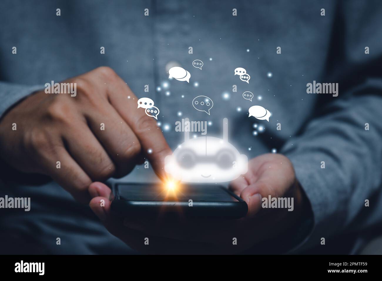 businessman using smart phone chatting with a smart AI or artificial intelligence. Digital ...