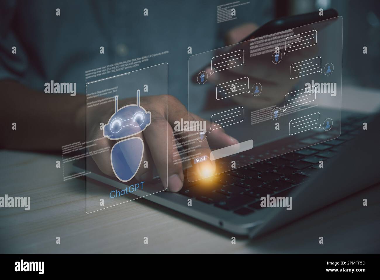 businessman using laptop computer chatting with a smart AI or ...