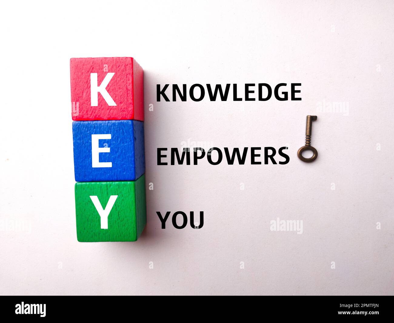 Colored wooden block with the word KNOWLEDGE EMPOWER YOU on white ...