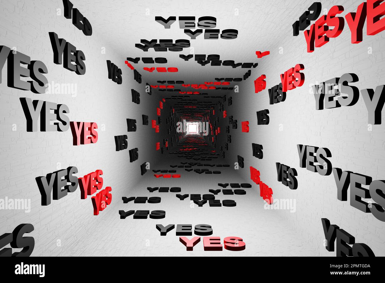 Yes symbol or yeah marks tunnel on white background 3d render. Say ...
