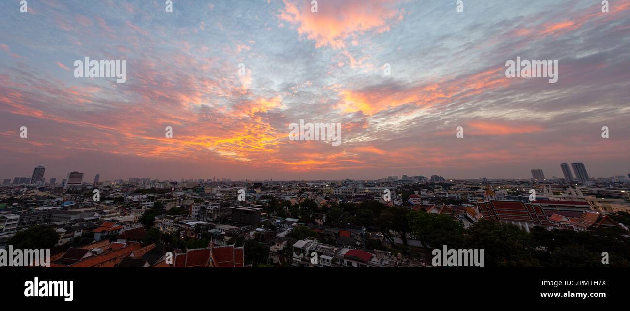 The colorful sky over Bangkok city center in the evening. amazing red ...