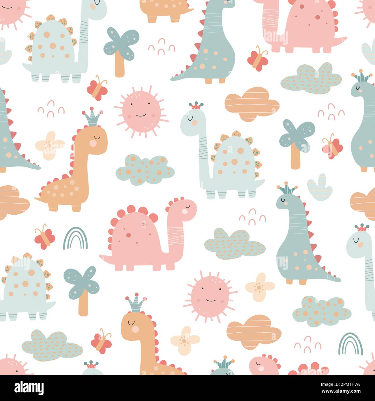 Vector hand-drawn seamless childish pattern with cute dinosaurs. Kids ...
