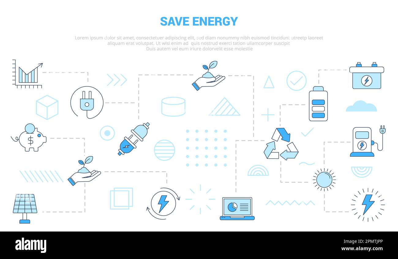 save energy concept with icon set template banner with modern blue ...