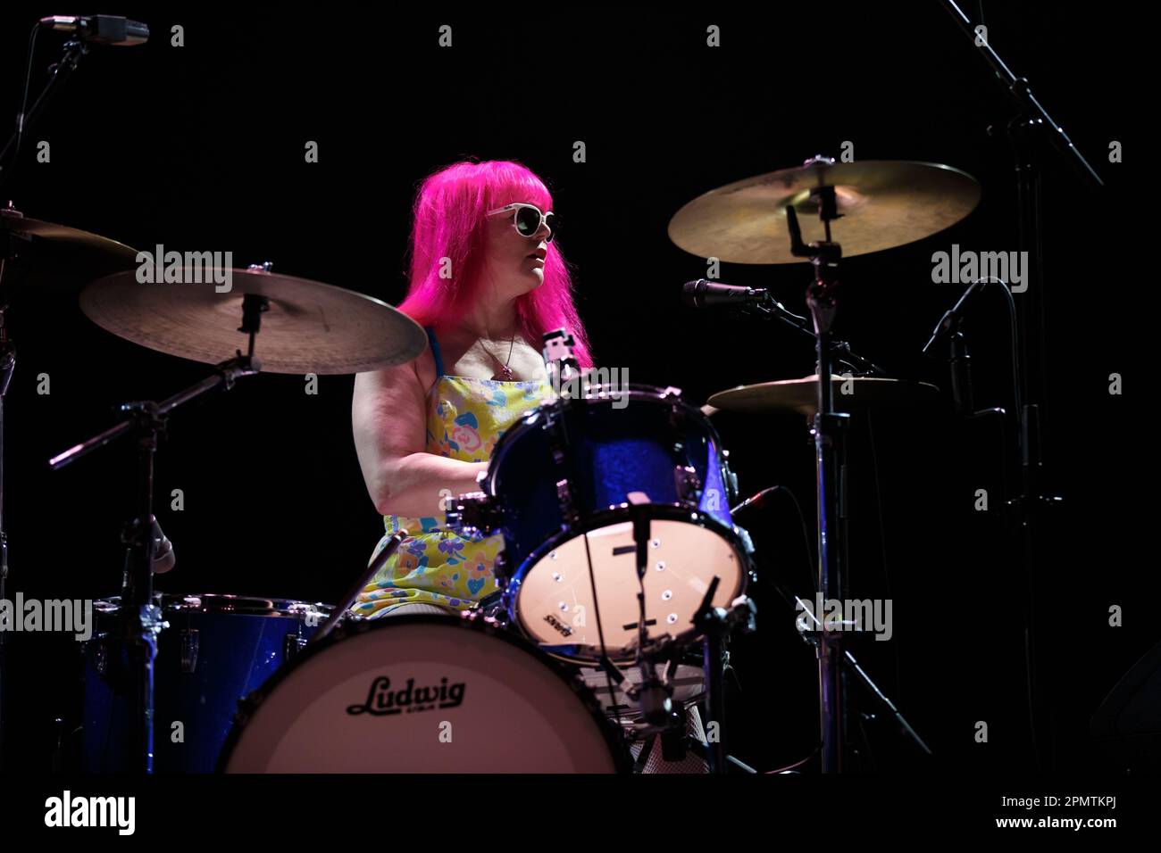 Toronto, Canada. 14th Apr, 2023. Drummer Tobi Vail of Bikini Kill performing at Danforth Music ...