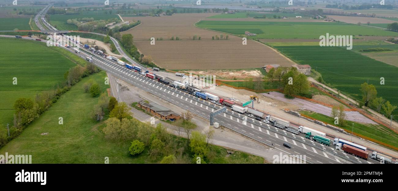 Piacenza, Italy - 13 April 2023 Traffic jam on highway during rush hou ...