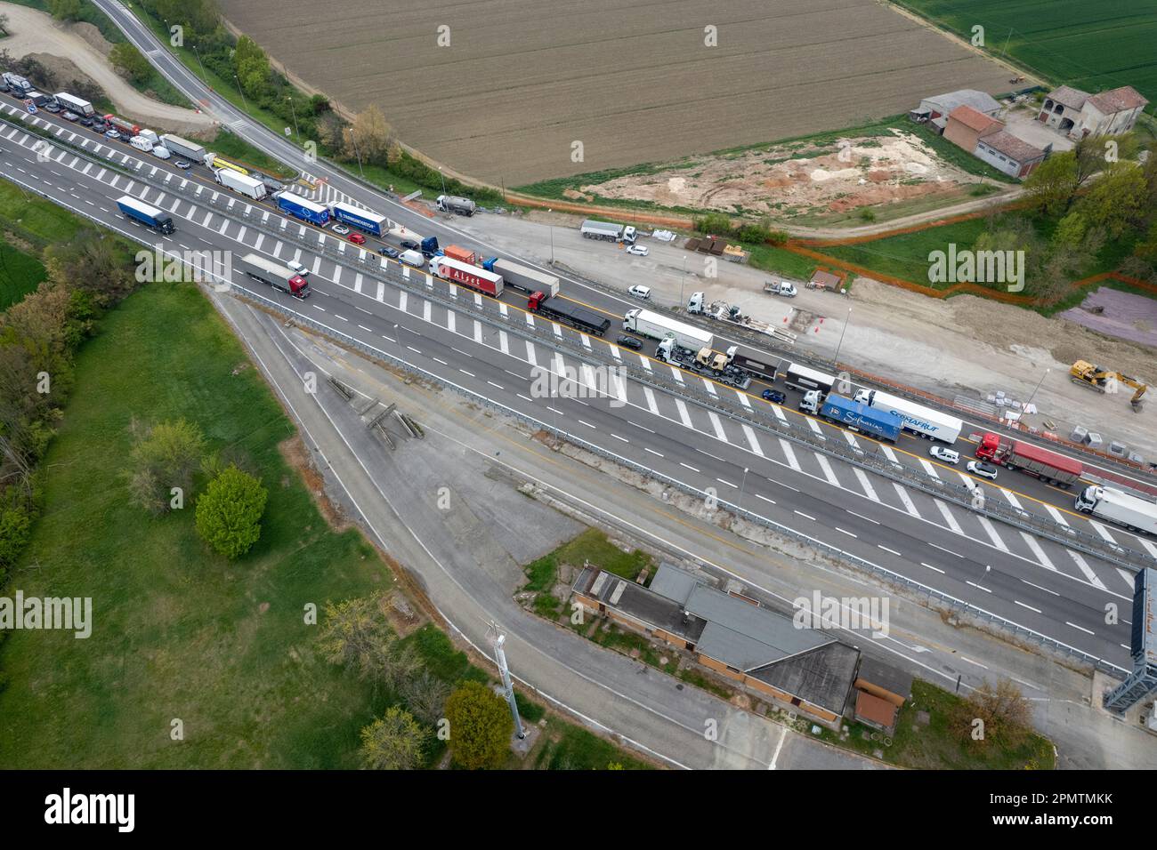 Piacenza, Italy - 13 April 2023 Traffic jam on highway during rush hou ...