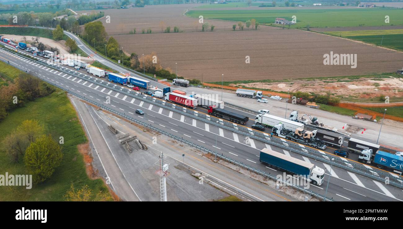 Piacenza, Italy - 13 April 2023 Traffic jam on highway during rush hou ...