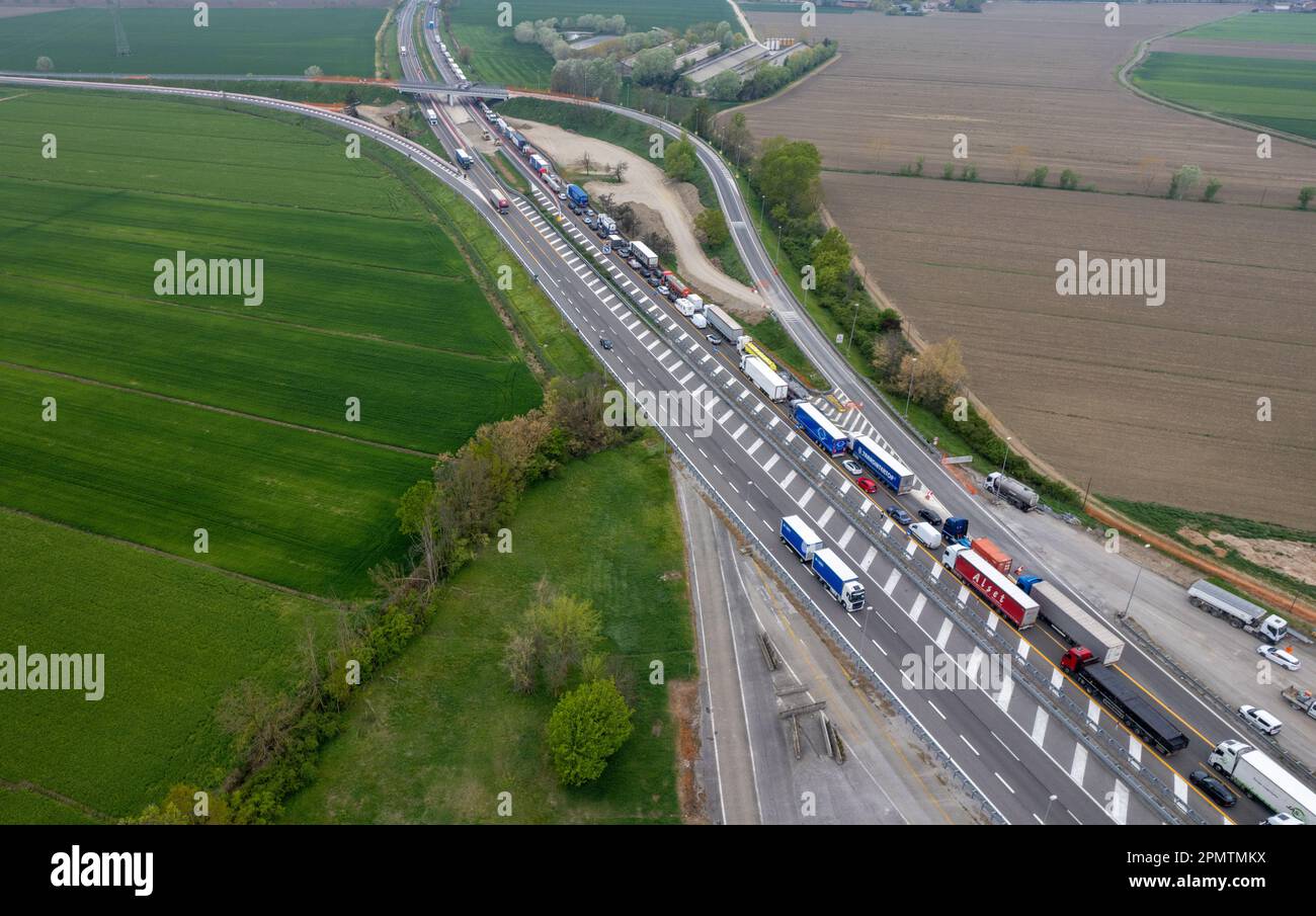 Piacenza, Italy - 13 April 2023 Traffic jam on highway during rush hou ...