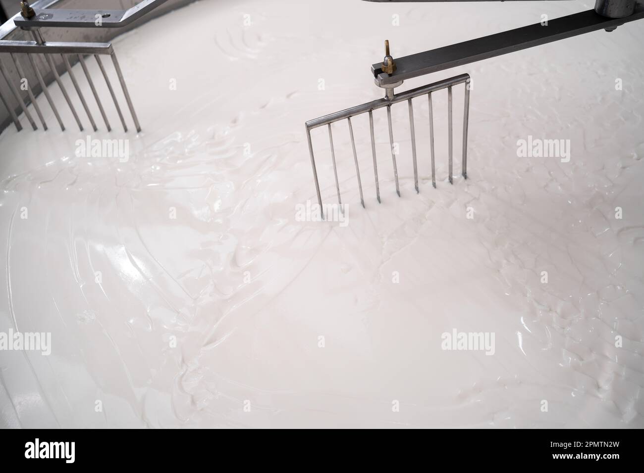 Milk mixing in curd preparation tank at cheese factory, close up ...