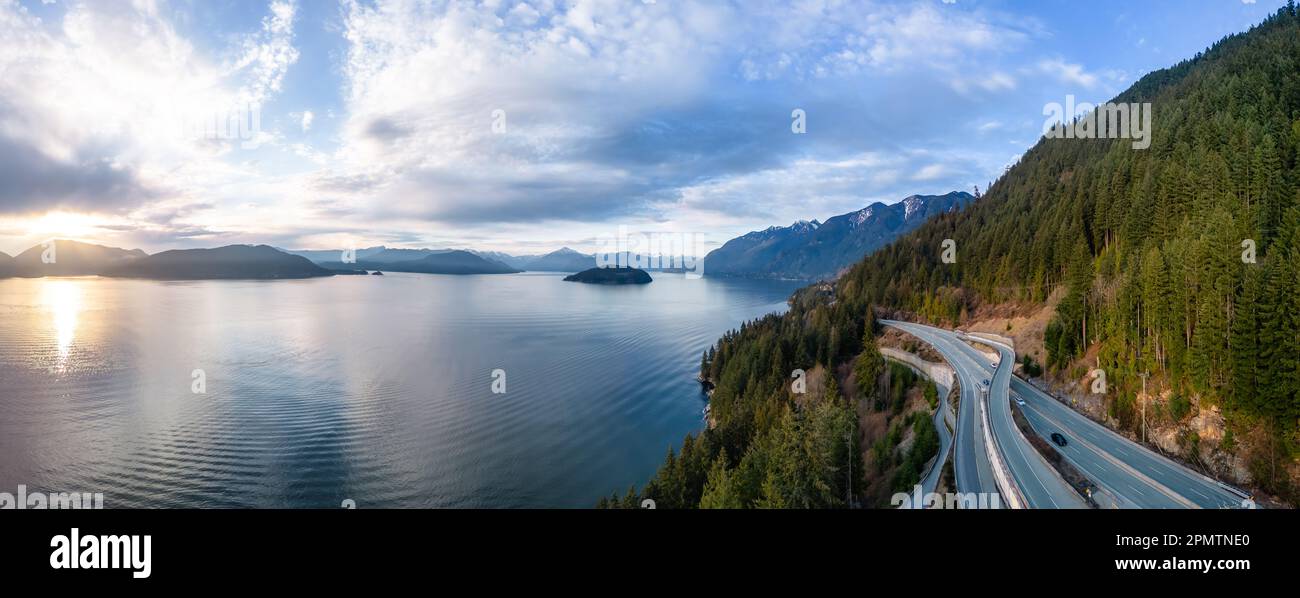 Aerial View of Sea to Sky Highway in Howe Sound. Sunset Sky Stock Photo ...