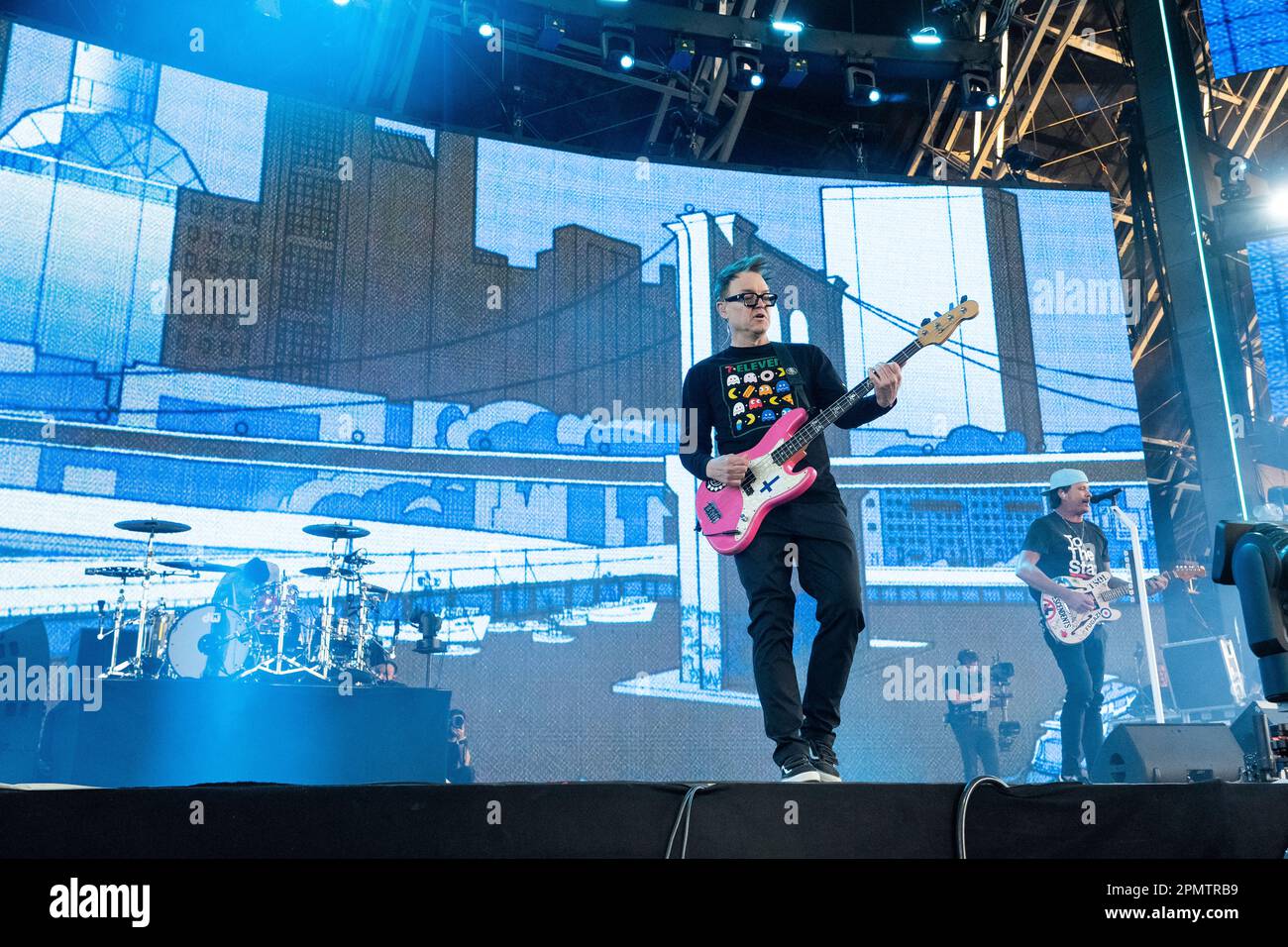 Travis Barker, left, Mark Hoppus, and Tom DeLonge of Blink-182 perform ...