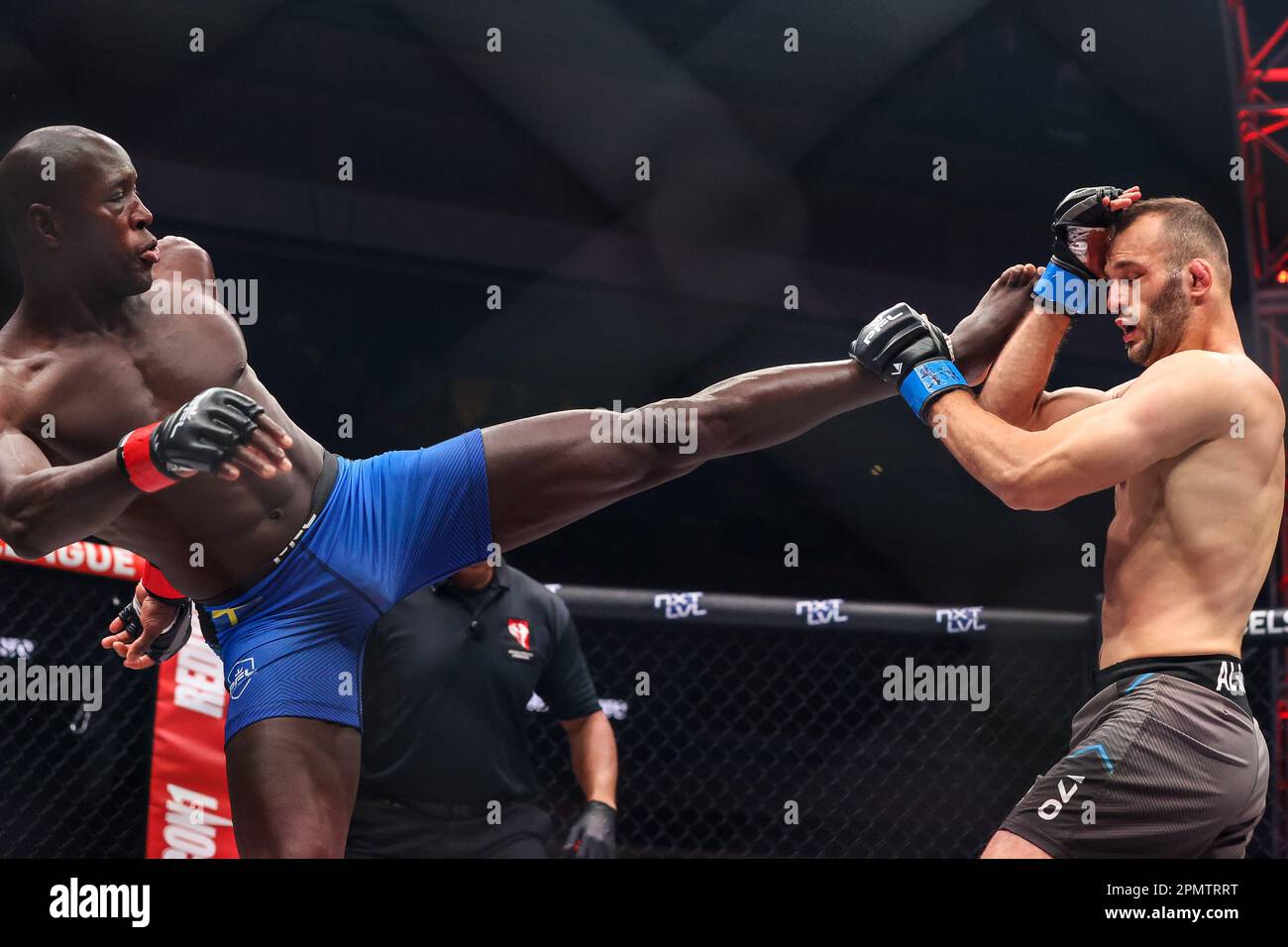 April 14, 2023: (L-R) Welterweight Sadibou Sy kicks Jarrah Al Silawi ...