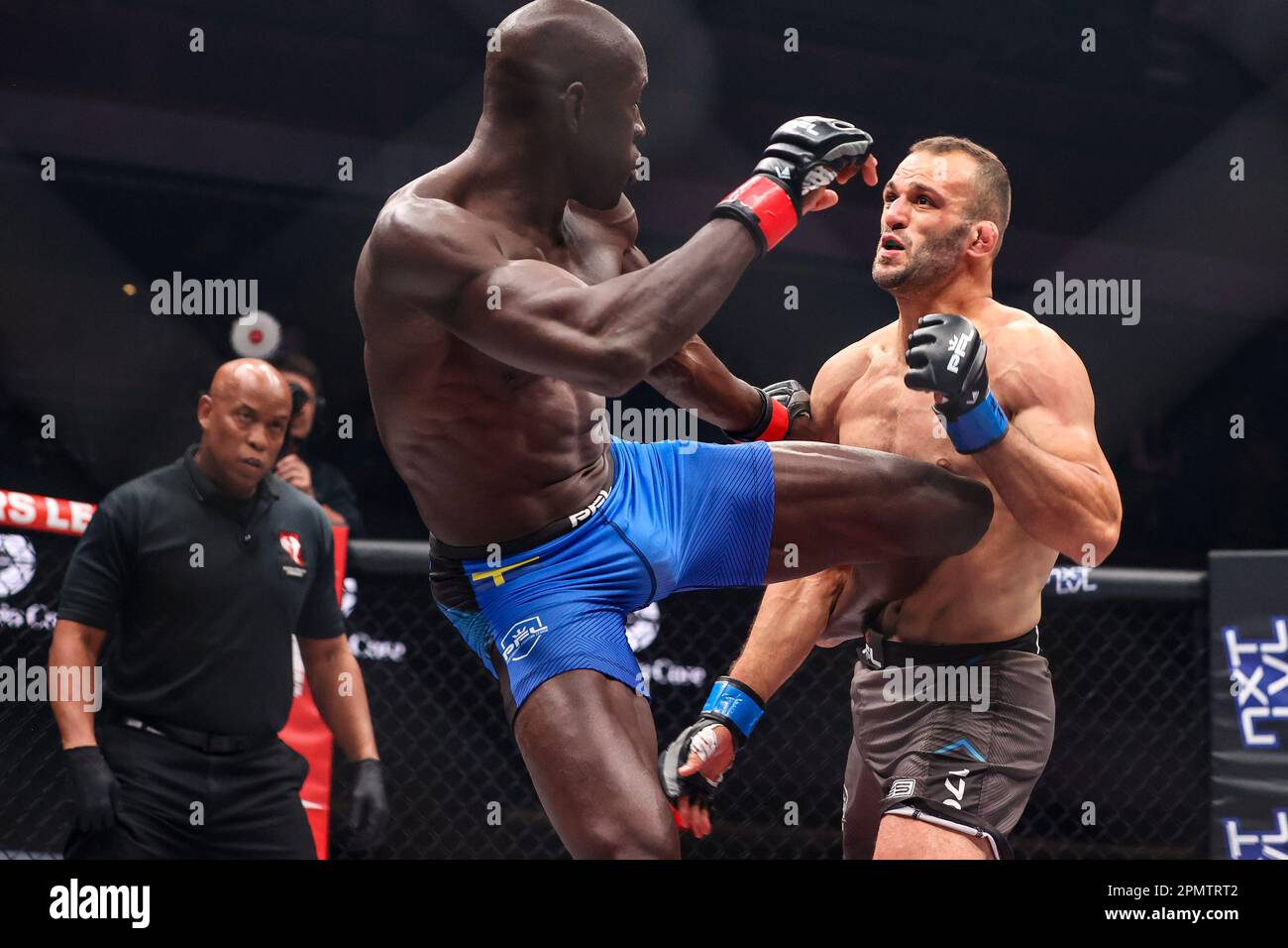 April 14, 2023: (L-R) Welterweight Sadibou Sy kicks Jarrah Al Silawi in ...