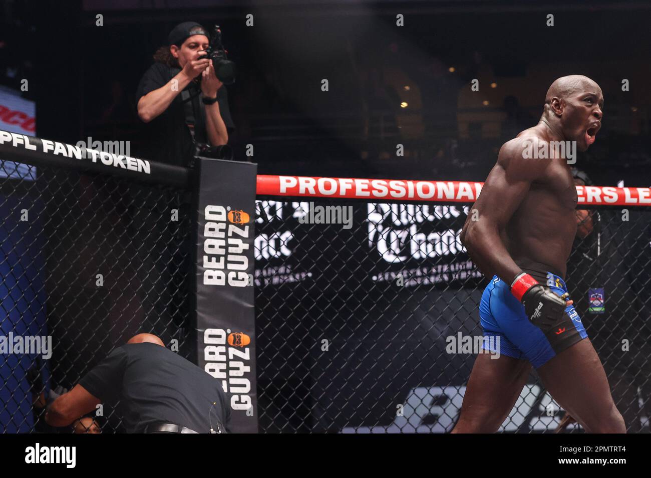 Las Vegas, NV, USA. 14th Apr, 2023. Welterweight Sadibou Sy celebrates ...