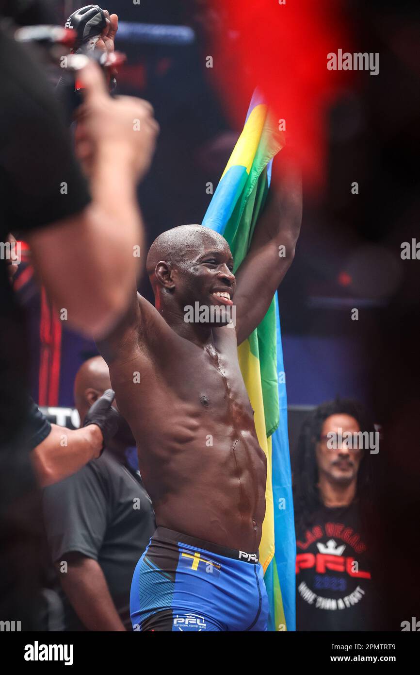 Las Vegas, NV, USA. 14th Apr, 2023. Welterweight Sadibou Sy celebrates ...