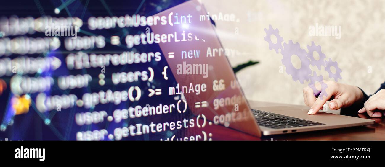 girl programmer at home writes programming code script on virtual Stock ...