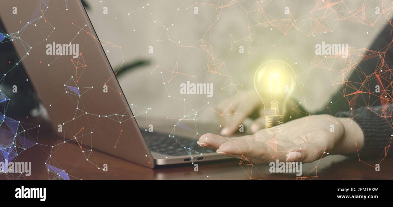 Girl holding global network ,smart thinking idea and innovation Stock ...