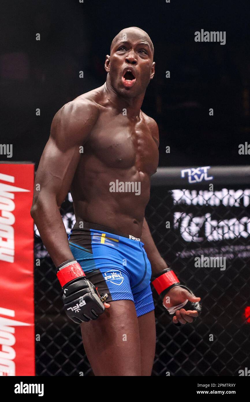April 14, 2023: Welterweight Sadibou Sy celebrates a knockout victory ...