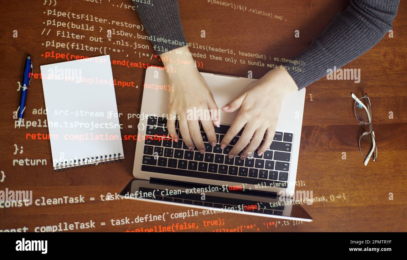 girl programmer at home writes programming code script on virtual Stock ... girl programmer at home writes programming code script on virtual Stock ...