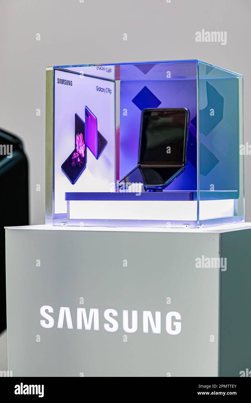 Two Samsung Electronics products are displayed in a modern glass ...