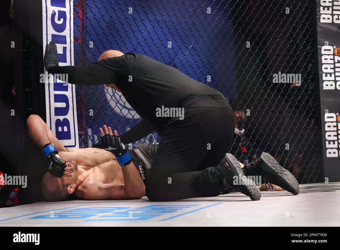 Las Vegas, NV, USA. 14th Apr, 2023. Referee Chris Tognoni checks on ...