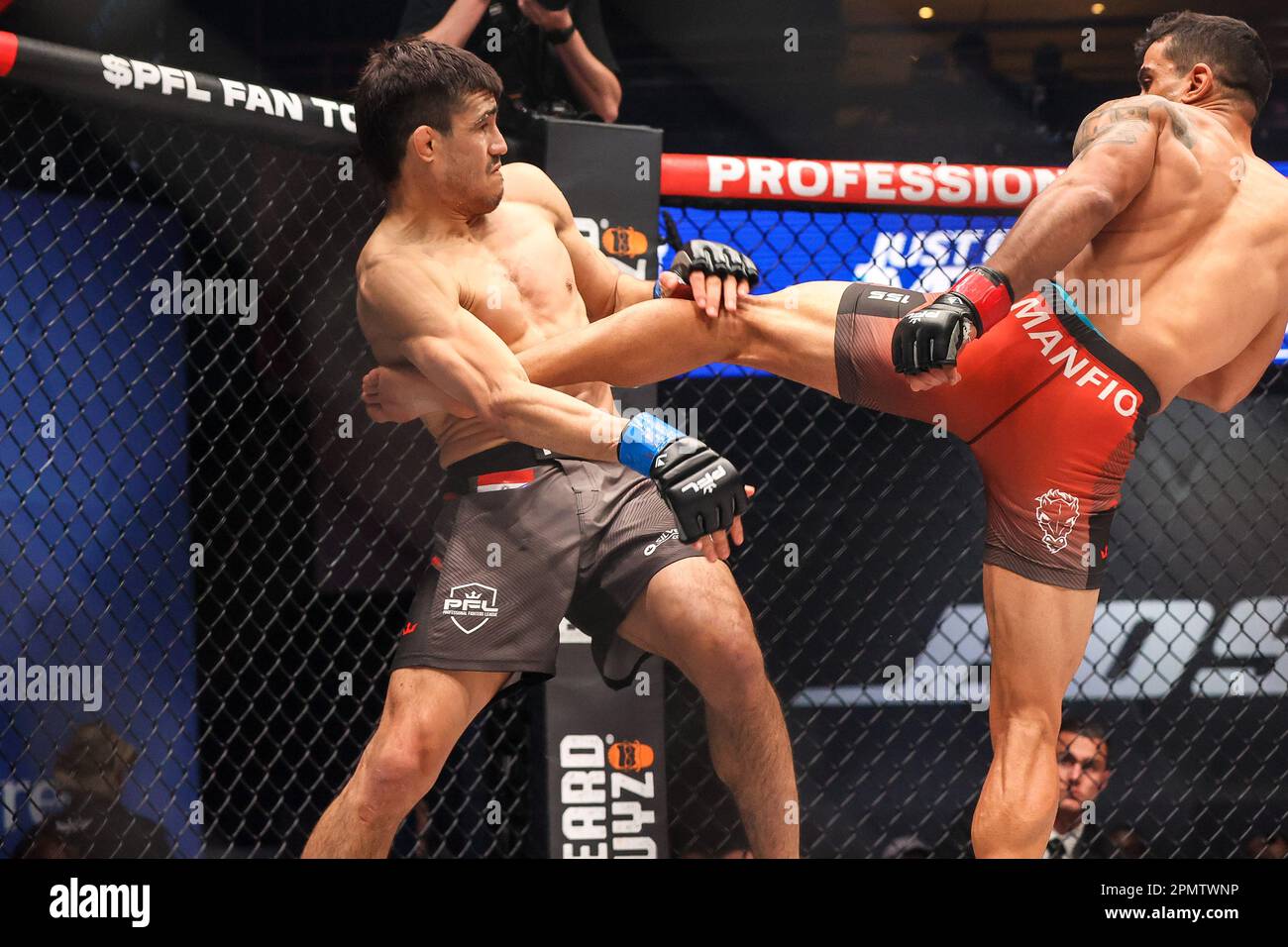 April 14, 2023: (R-L) Lightweight Raush Manfio kicks Alexander Martinez during the PFL 3 Regular ...