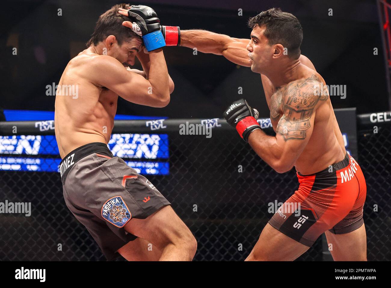 April 14, 2023: (R-L) Lightweight Raush Manfio throws a punch at Alexander Martinez during the ...