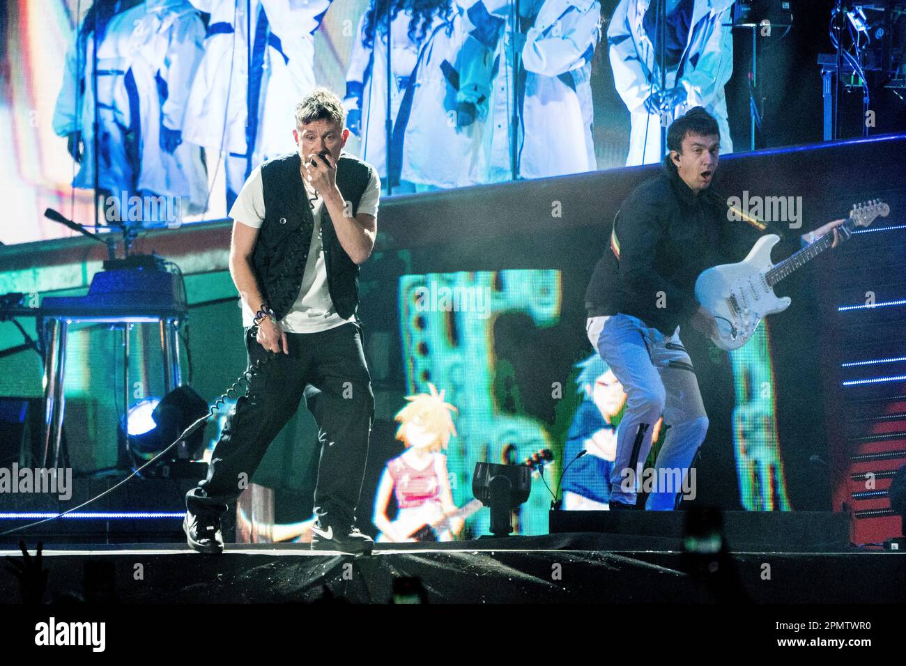 Damon Albarn, left, and Jeff Wootton of Gorillaz perform at the ...