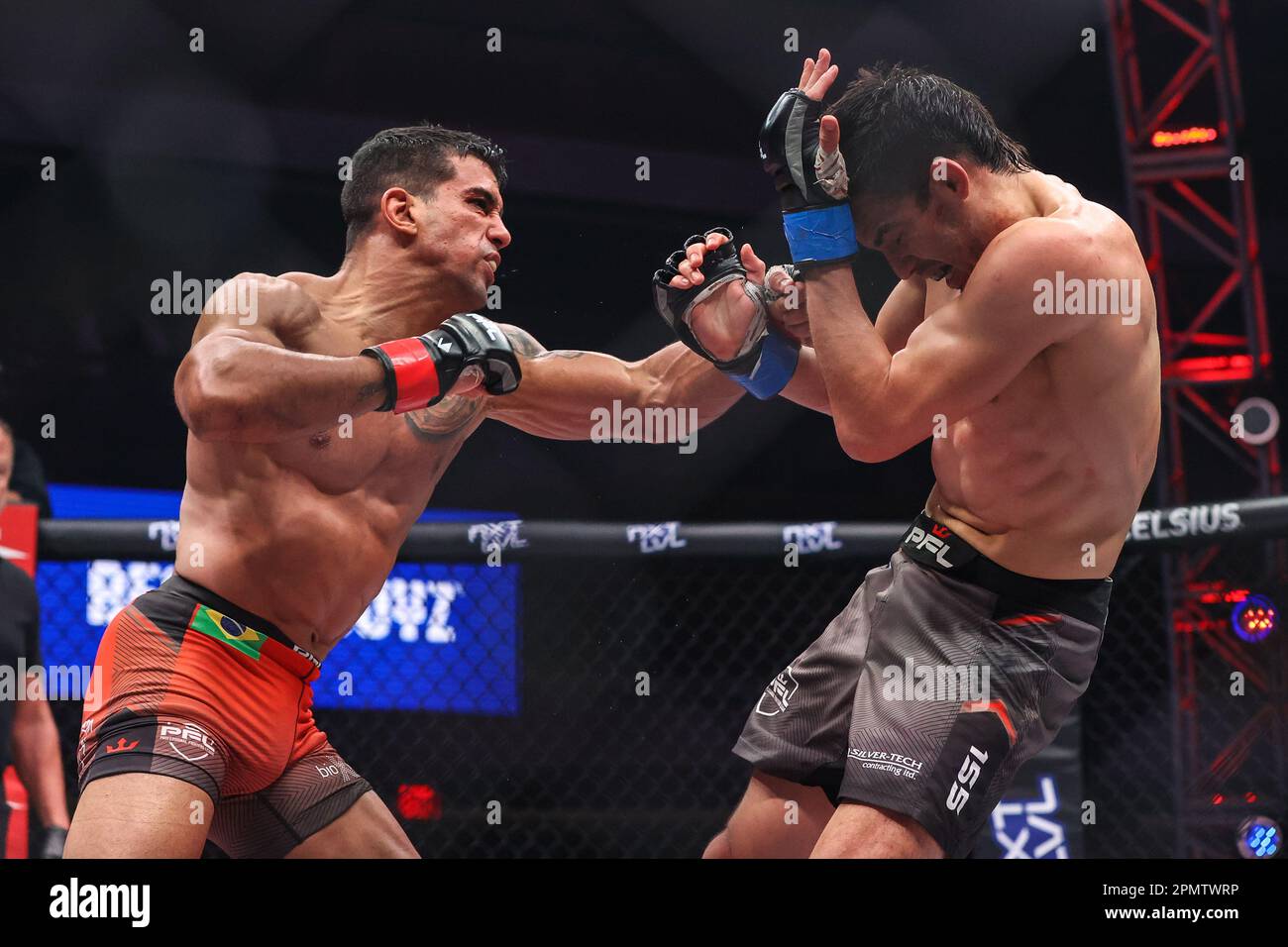 April 14, 2023: (L-R) Lightweight Raush Manfio punches Alexander Martinez during the PFL 3 ...