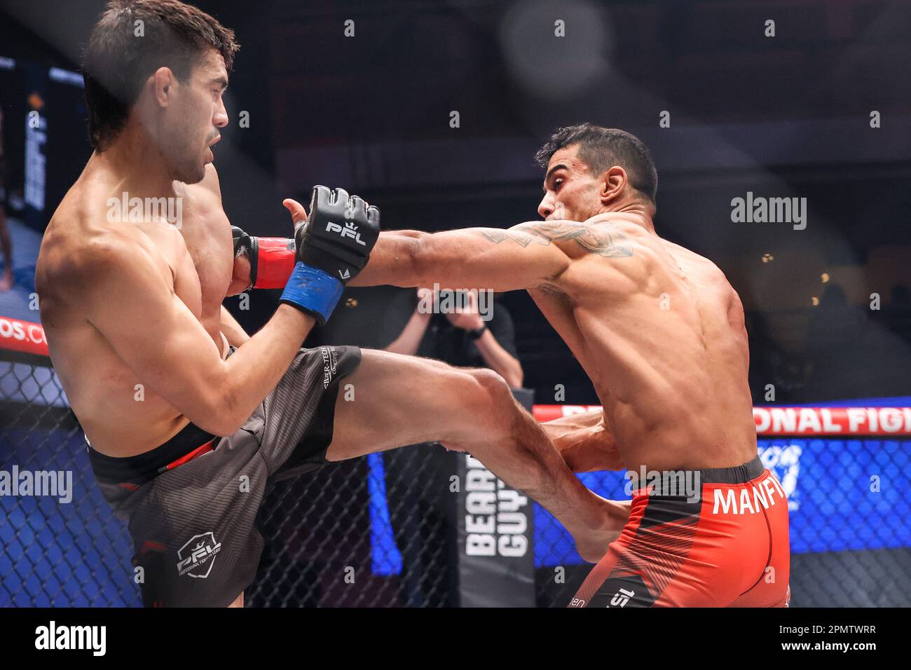 April 14, 2023: (R-L) Lightweight Raush Manfio throws a punch at Alexander Martinez during the ...