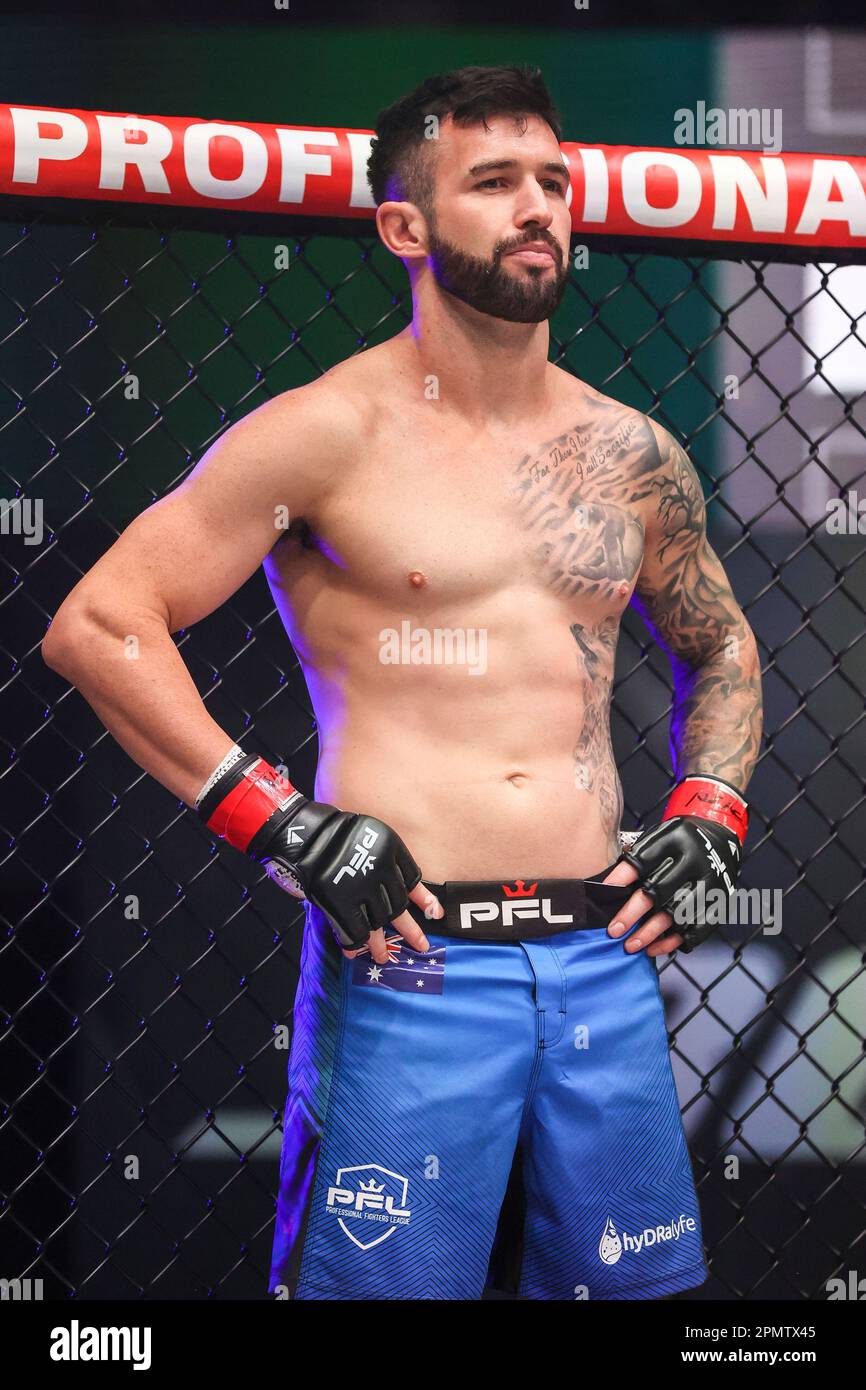 April 14, 2023: Welterweight Shane Mitchell inside the PFL SmartCage prior to the start of the ...