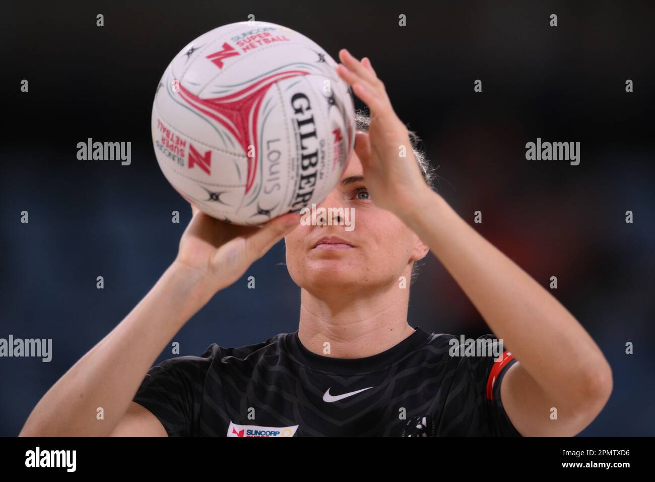 Kelly Singleton of the Magpies warms up before the Super Netball Round ...