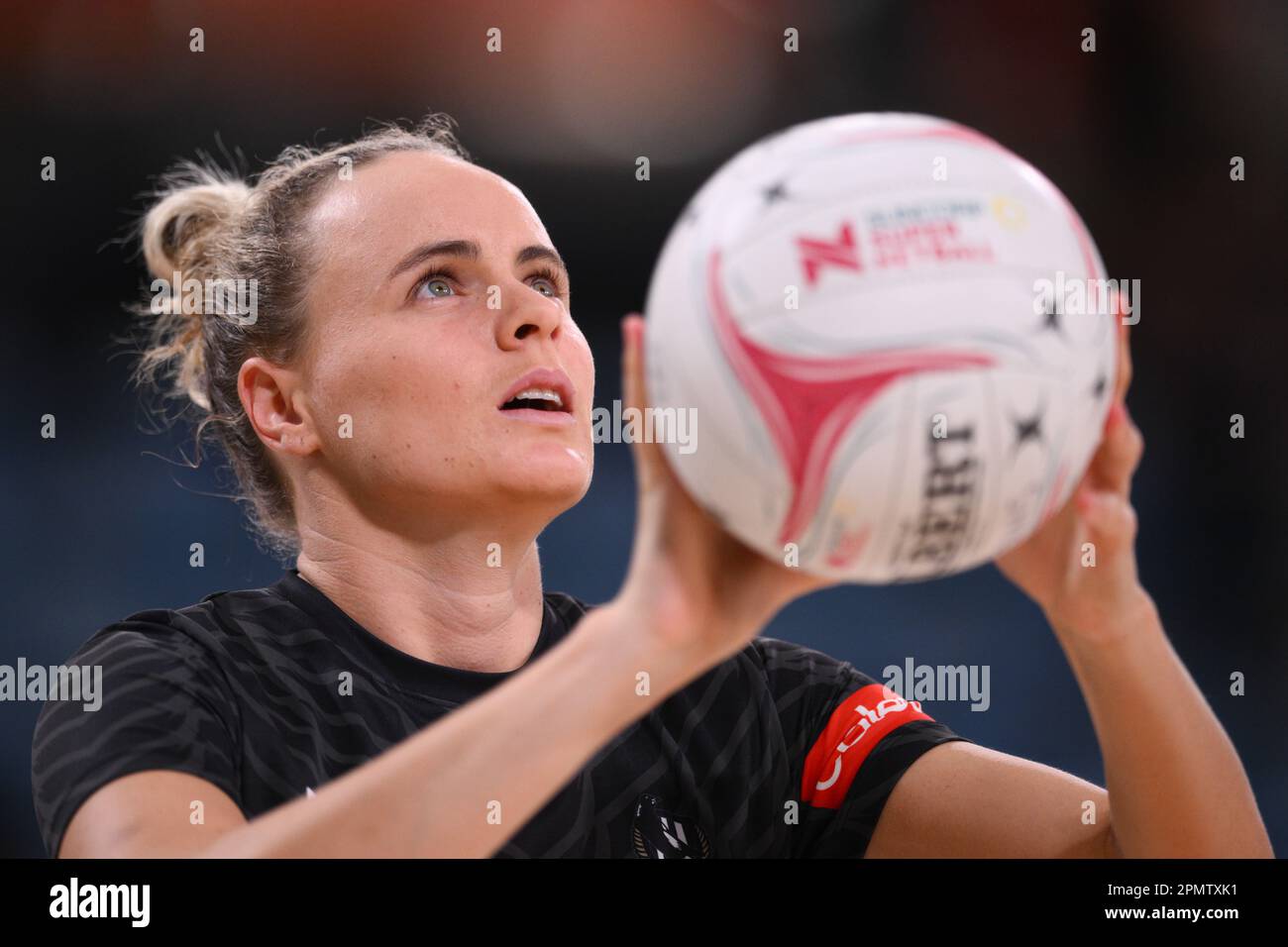 Kelly Singleton of the Magpies warms up before the Super Netball Round ...