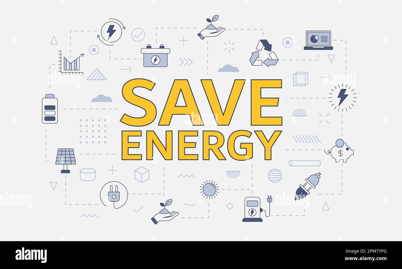 save energy concept with icon set with big word or text on center ...