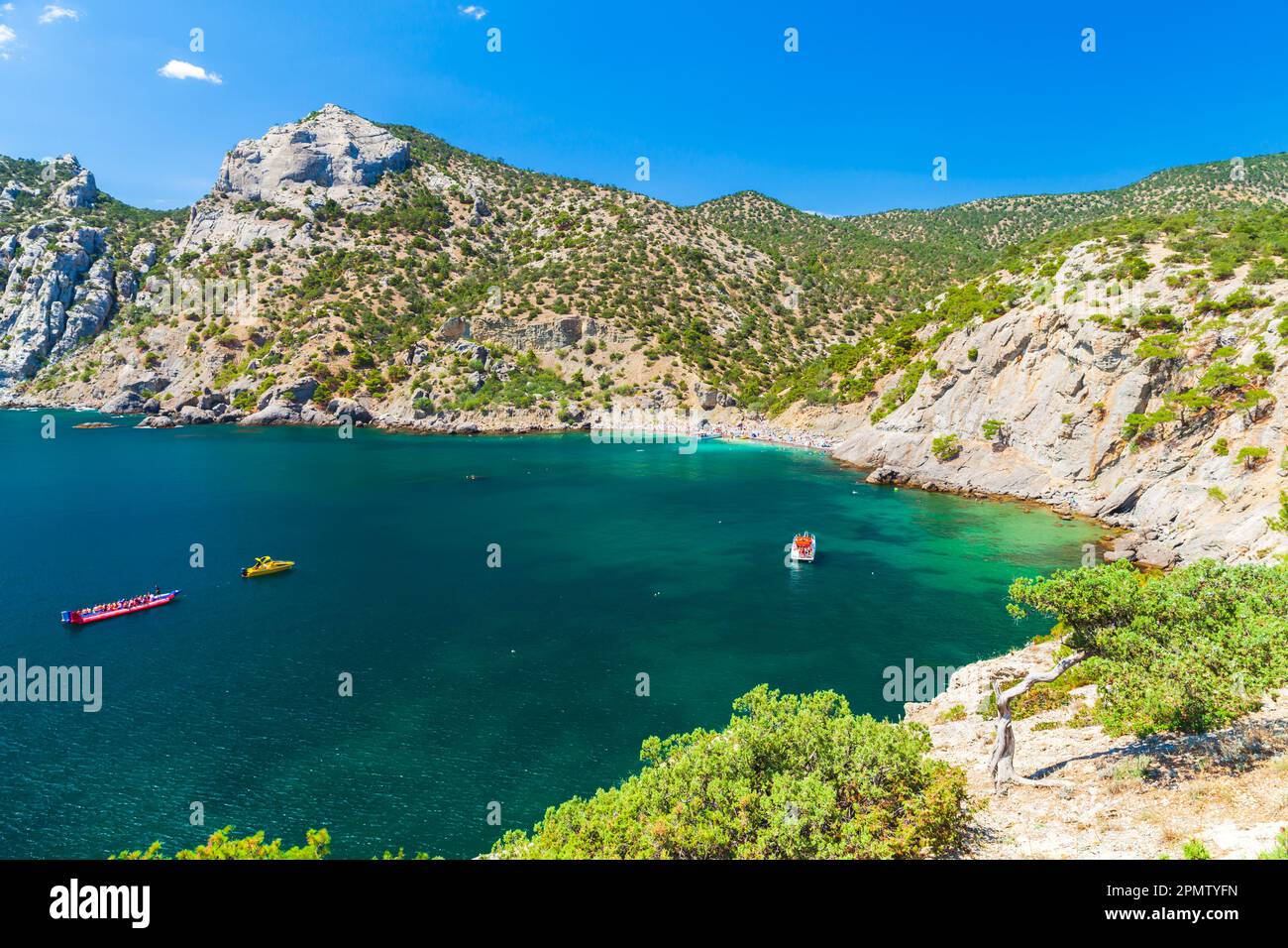 Pleasure boats at the Cape Kapchik, Crimean landscape with Black Sea ...
