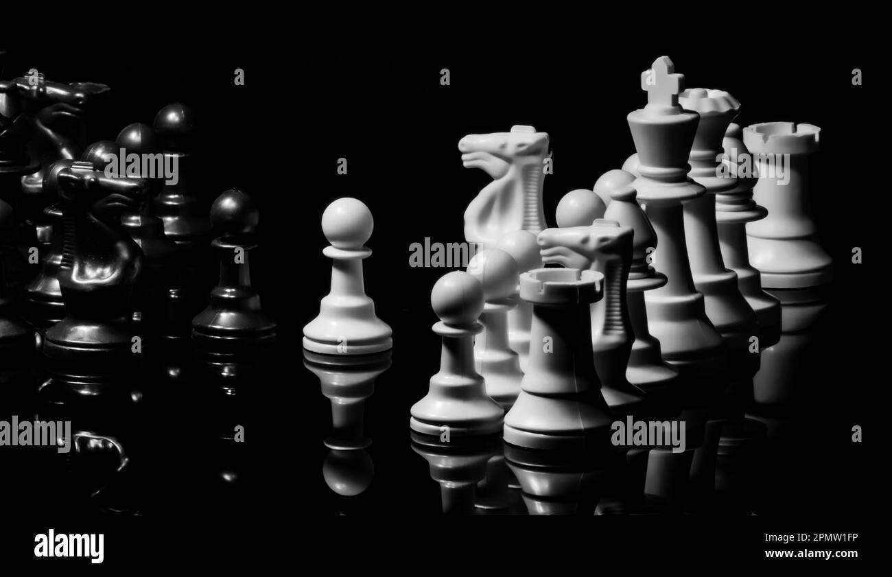 A grayscale of a chessboard with set pieces Stock Photo - Alamy