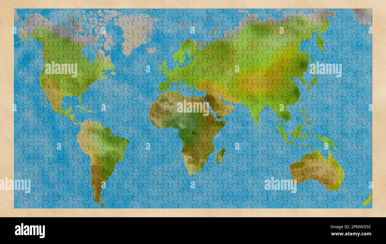 3d illustration. Elements of the Puzzle make up the world map. The flat ...