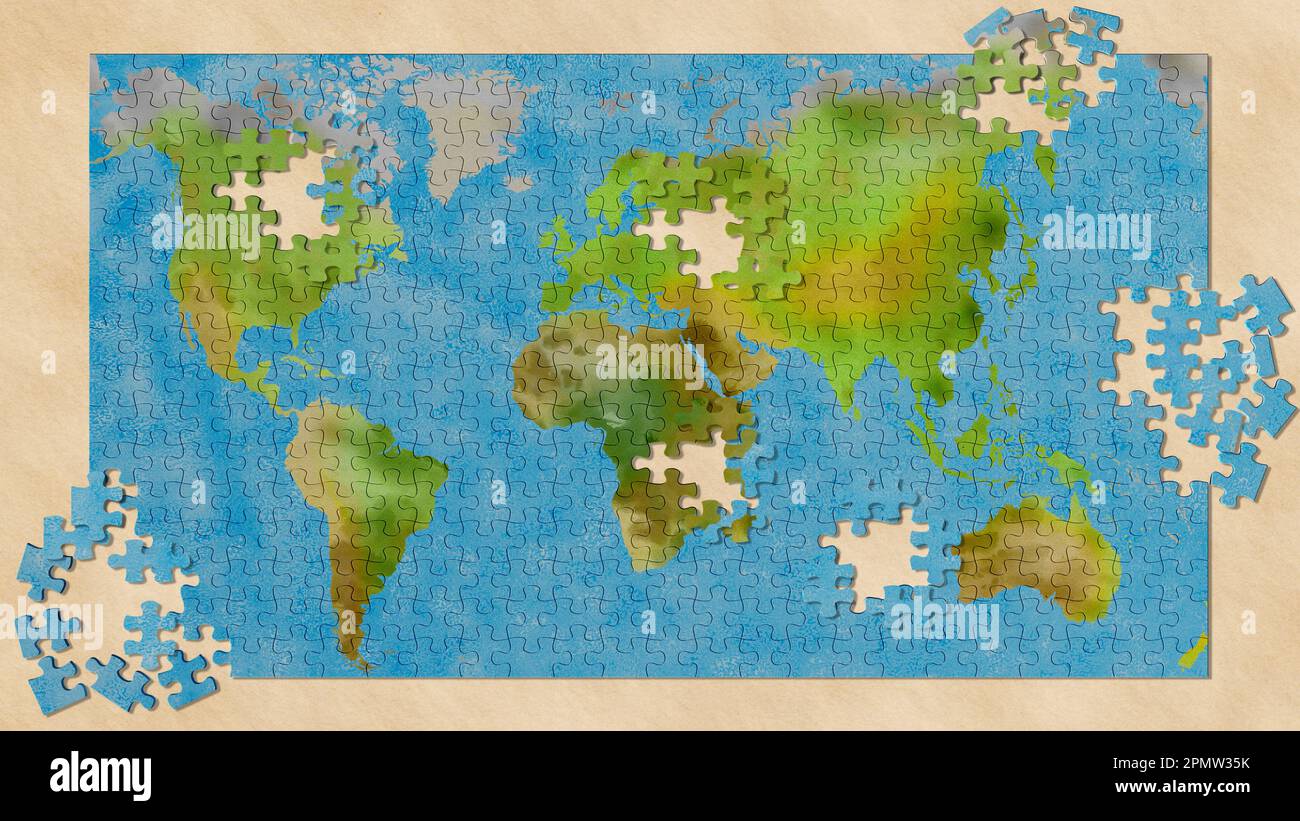 3d illustration. Elements of the Puzzle make up the world map. The flat ...