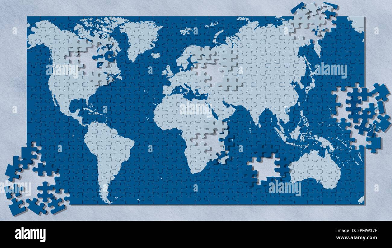 3d illustration. Elements of the Puzzle make up the world map. The flat ...