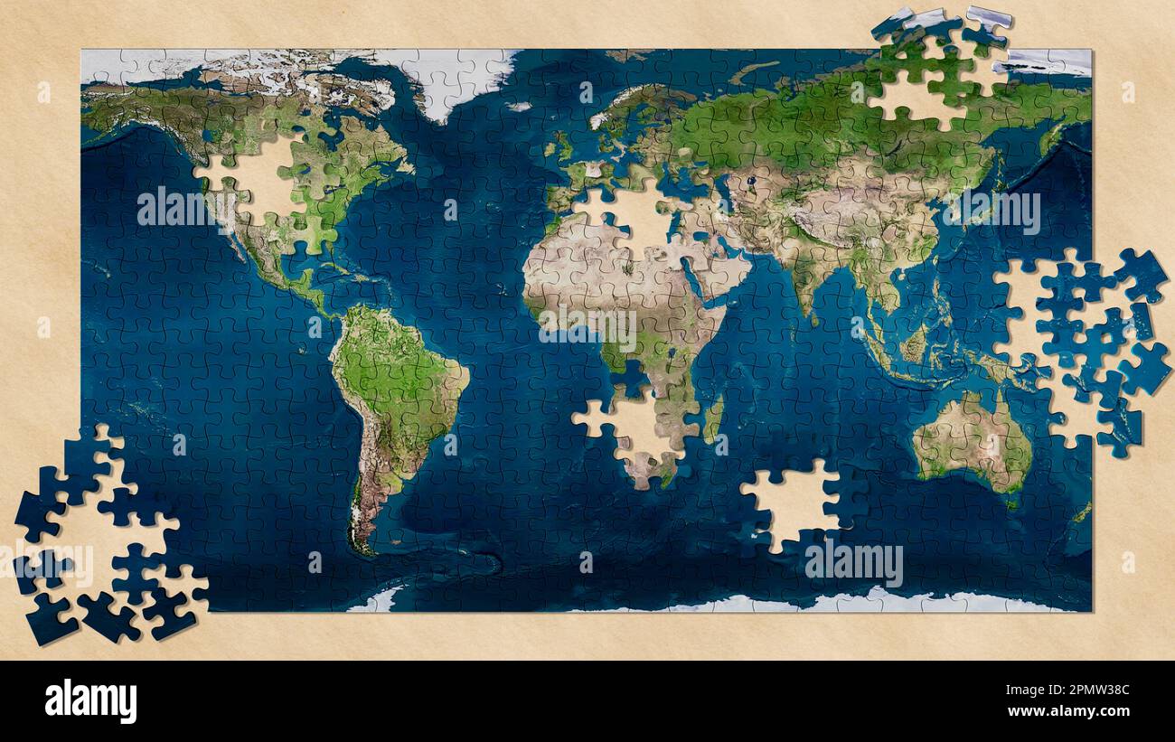 3d illustration. Elements of the Puzzle make up the world map. The flat ...