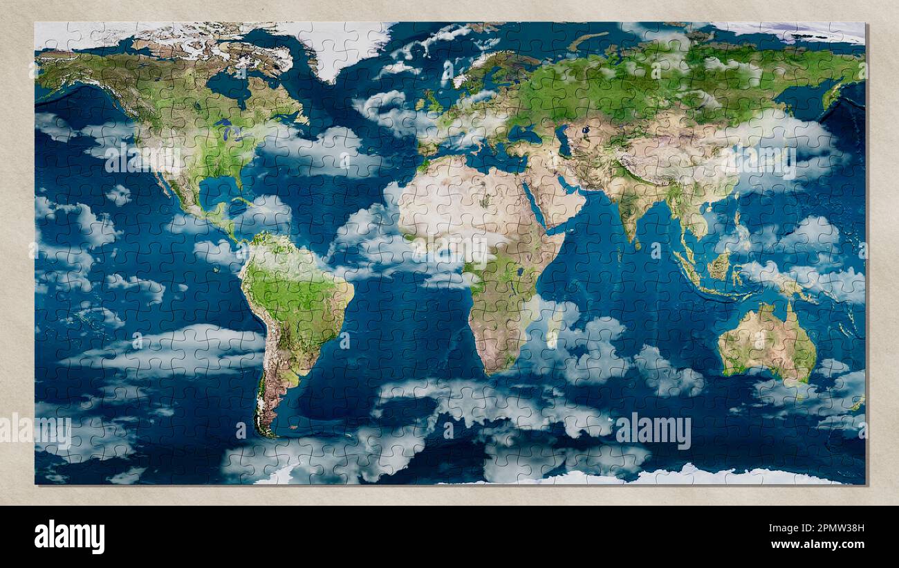 3d illustration. Elements of the Puzzle make up the world map. The flat ...