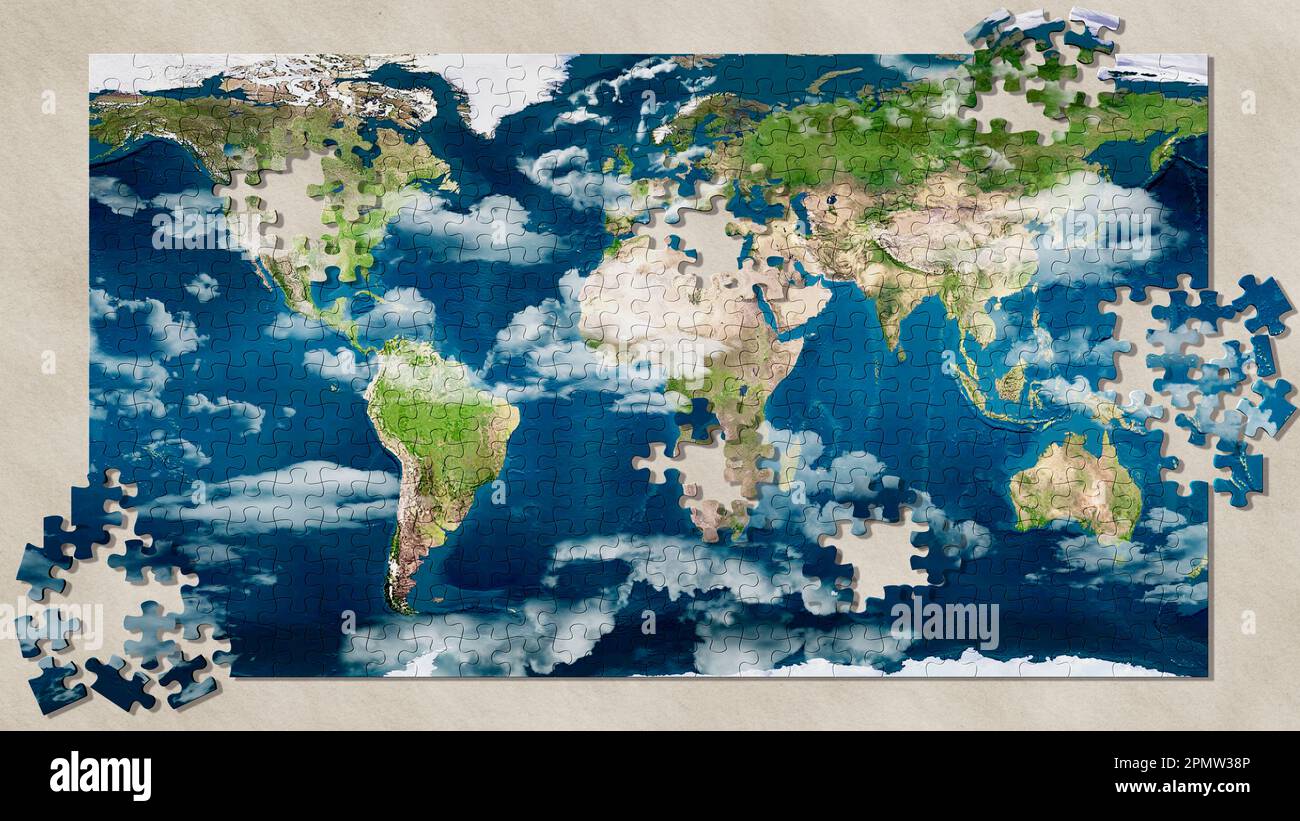 3d illustration. Elements of the Puzzle make up the world map. The flat ...