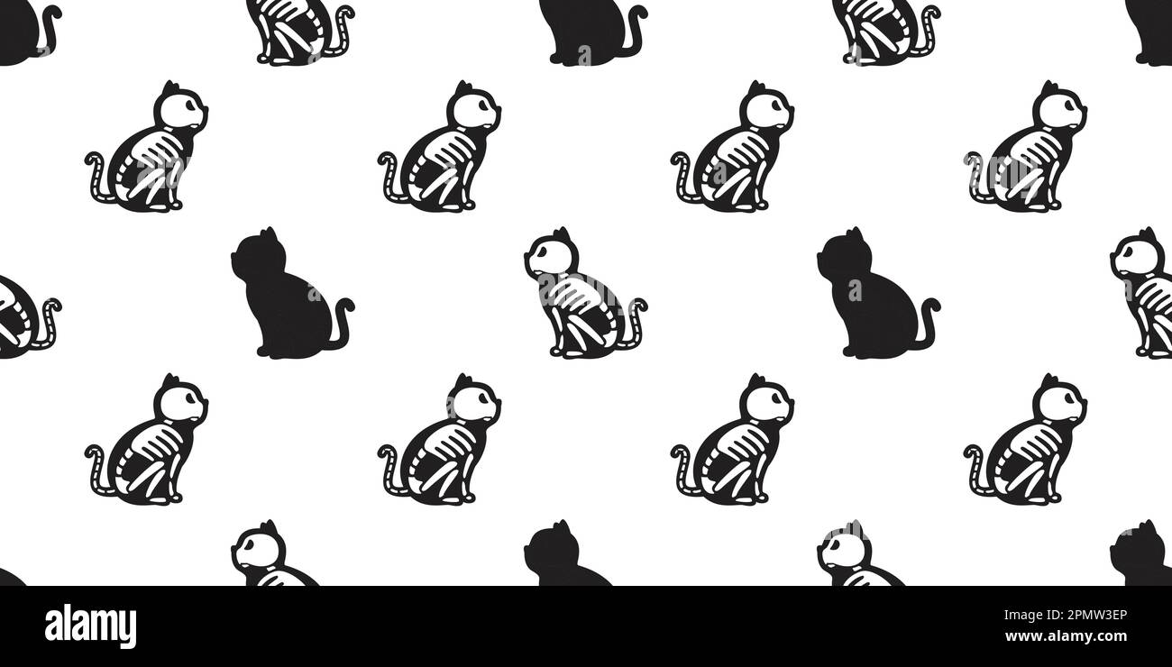 Cat seamless vector Halloween pattern isolated cat Skull skeleton bone ...