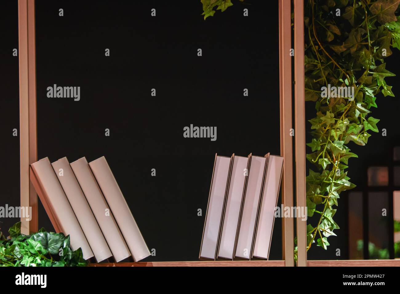 Books stand on an open shelf on a black background Stock Photo - Alamy