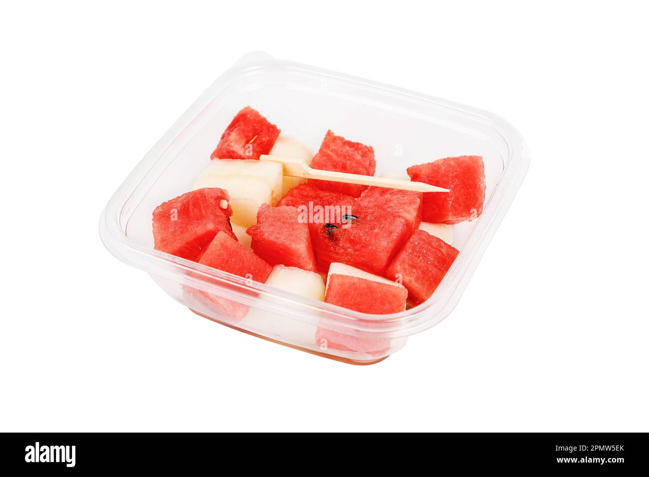 Fruit salad with watermelon and melon in a plastic container on a white ...