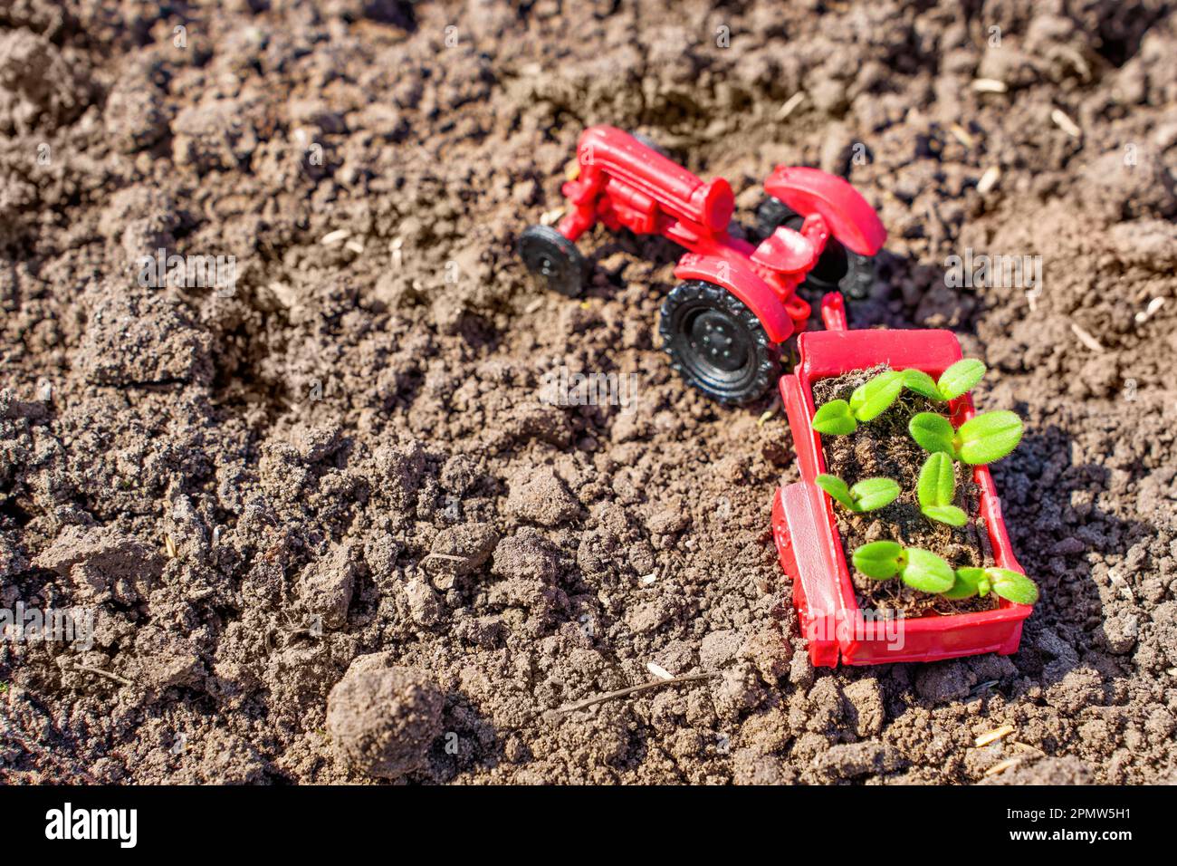Toy tractor with a load of young plants, standing on a farm field with ...